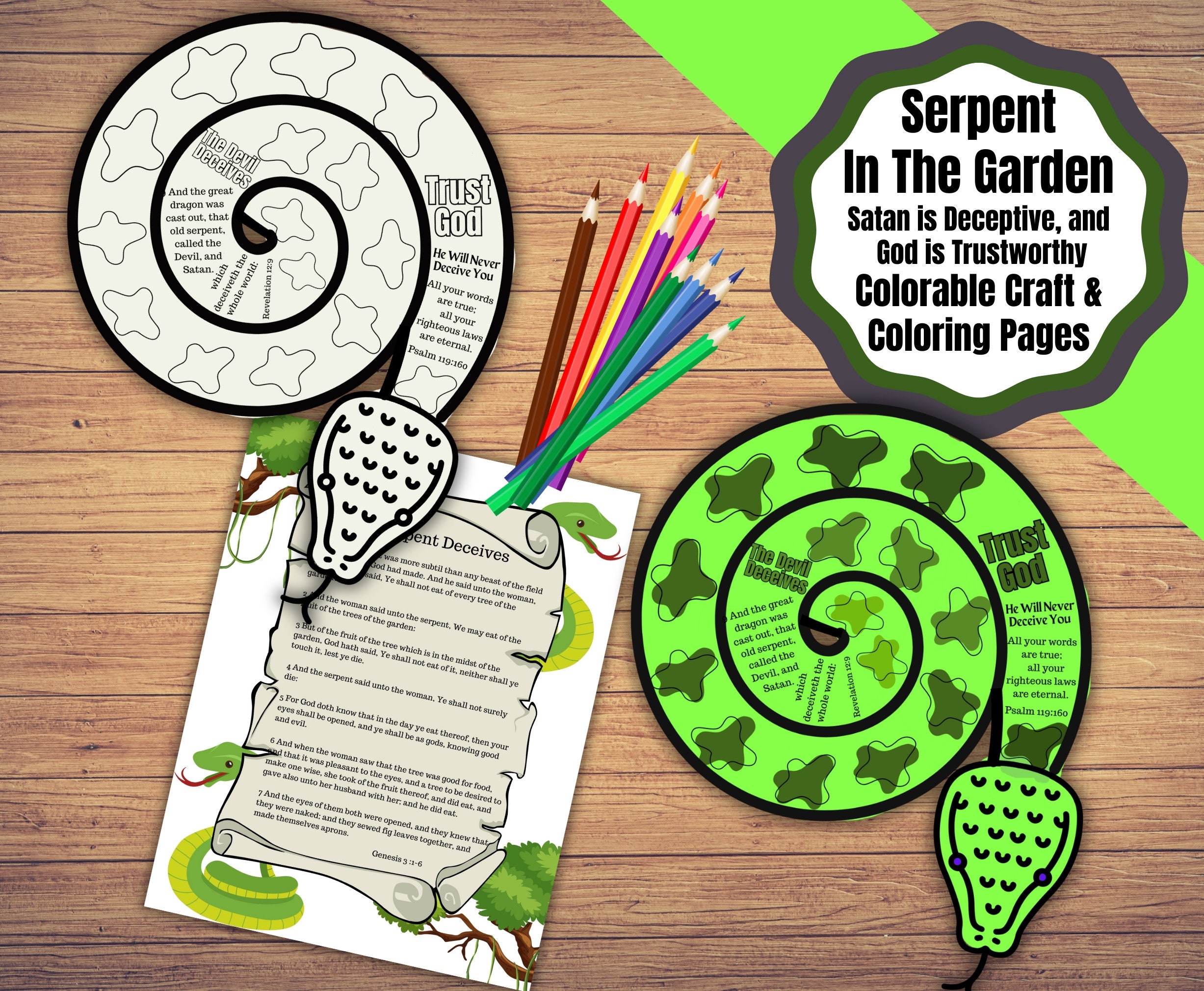 Printable Serpent in the Garden Bible Craft. Colored and Colorable ...