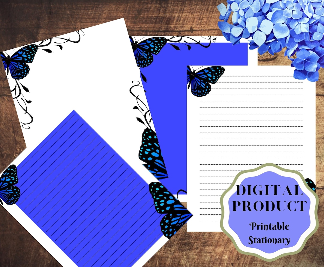 Blue Butterfly Printable Stationary Sheets With Black Accent, Lined and ...