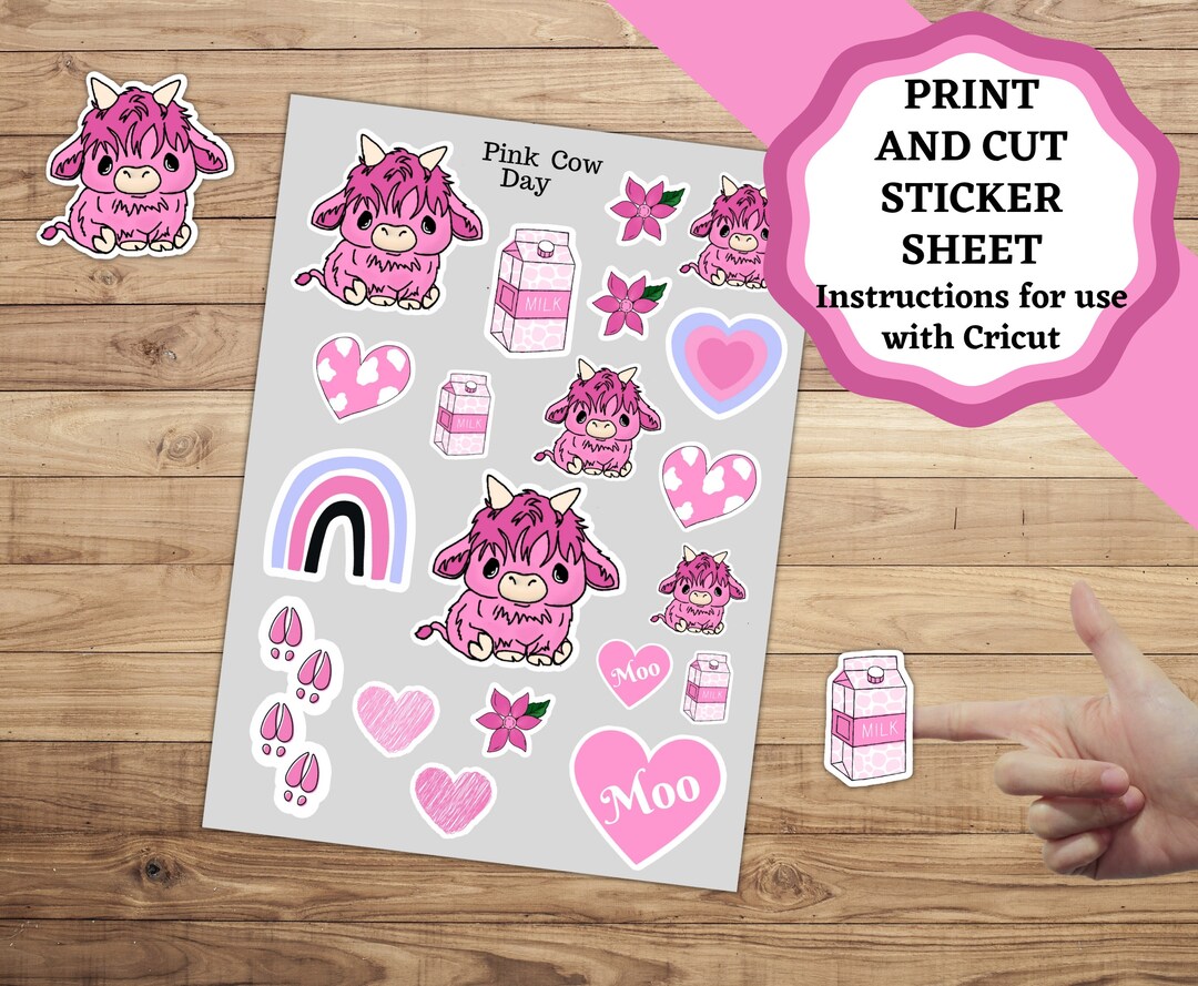 Pink Cow Print and Cut Stickers, Pink Highland Cow Sticker Sheet - Etsy