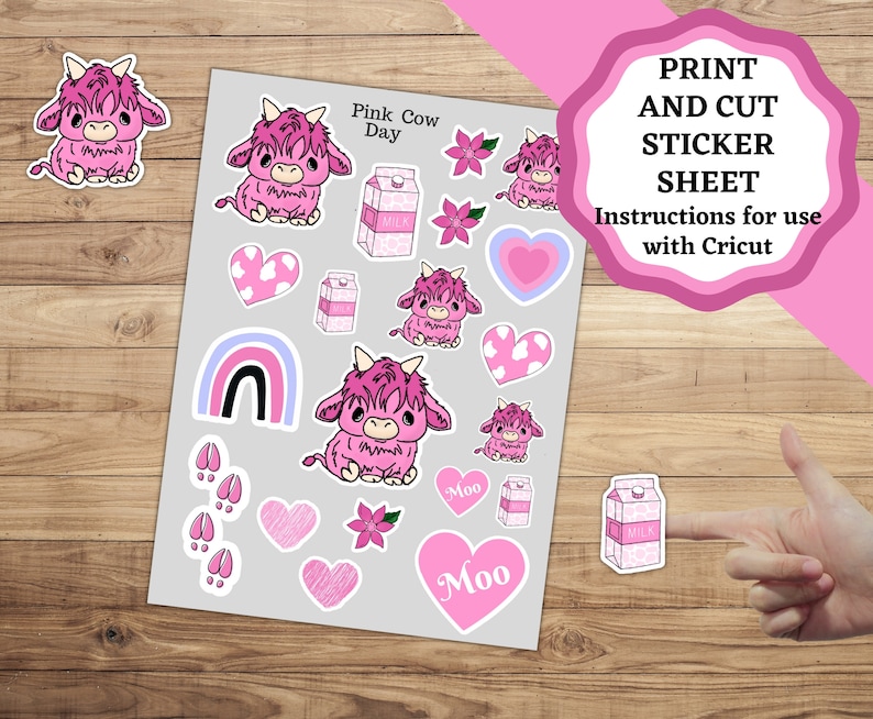 Pink Cow Print and Cut Stickers, Pink Highland Cow Sticker Sheet - Etsy
