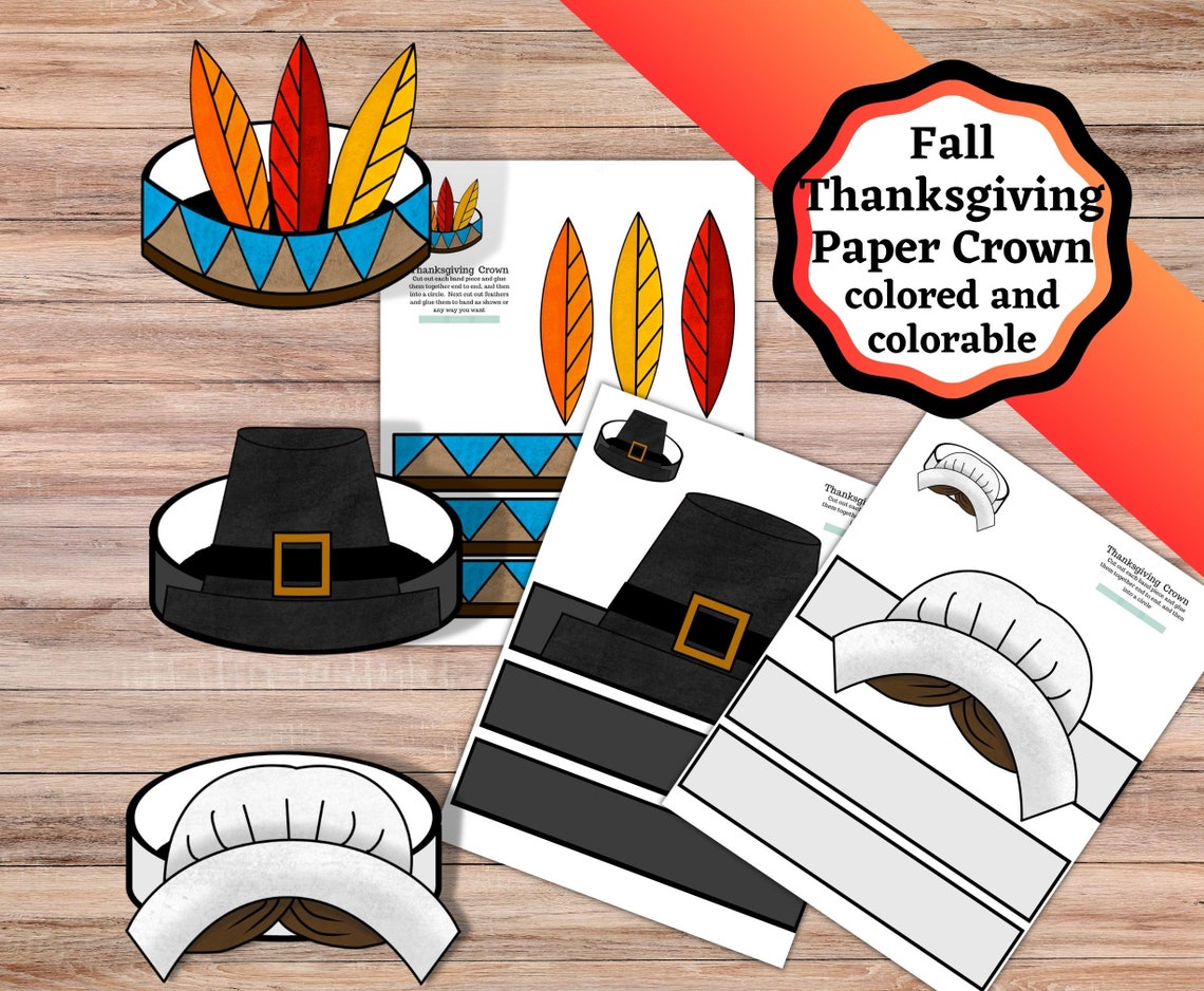Thanksgiving Paper Crowns, Printable Paper Crowns With Pilgrim Hat and ...