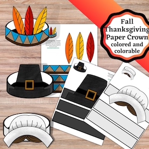 Thanksgiving Paper Crowns, Printable Paper Crowns With Pilgrim Hat and ...