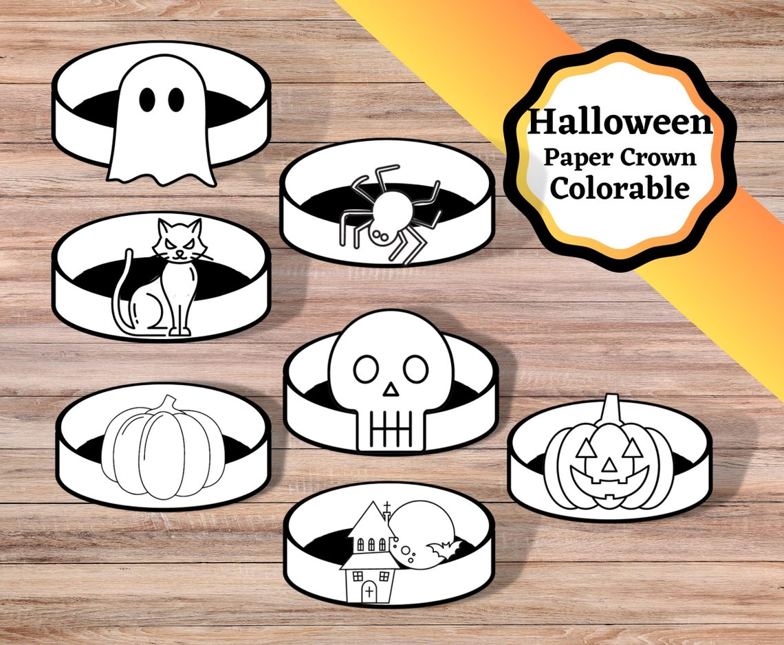 Halloween Paper Crowns Printable, Colorable. Black and White Halloween ...