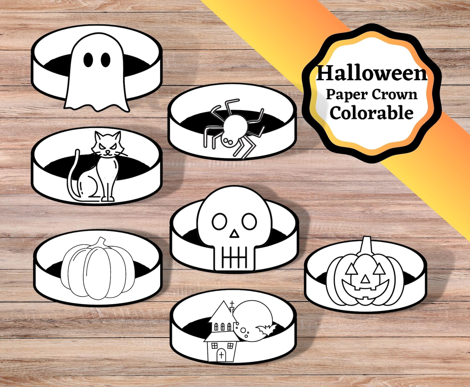 Halloween Paper Crowns Printable, Colorable. Black and White Halloween ...
