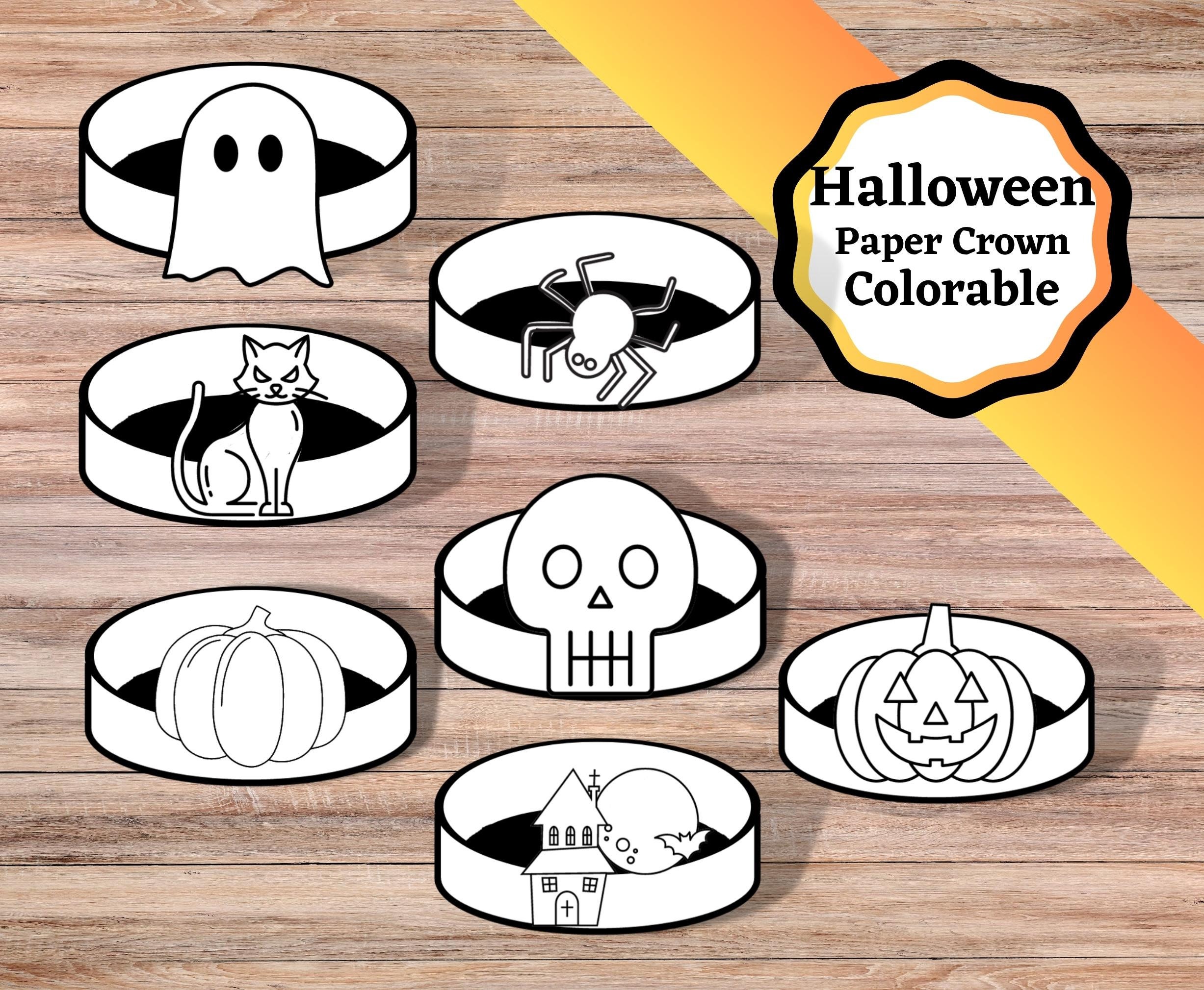 Halloween Paper Crowns Printable, Colorable. Black and White Halloween ...