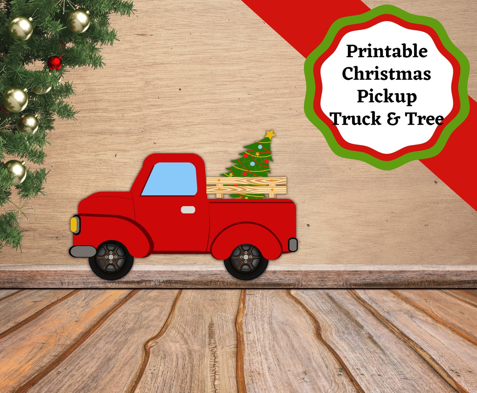 Printable Red Truck With Christmas Tree Craft and Decoration, Christmas ...