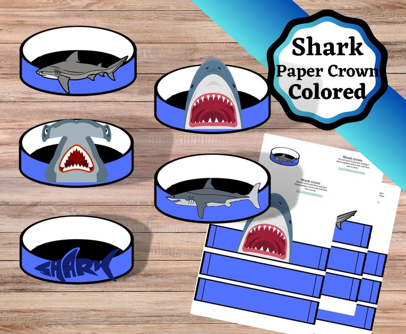 Printable Shark Paper Crowns. Shark Week Craft. Shark Party Favor or ...
