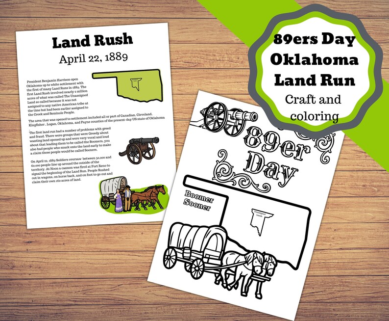 Printable 89ers Day/land Rush/land Run Craft, Info Sheet and Coloring ...