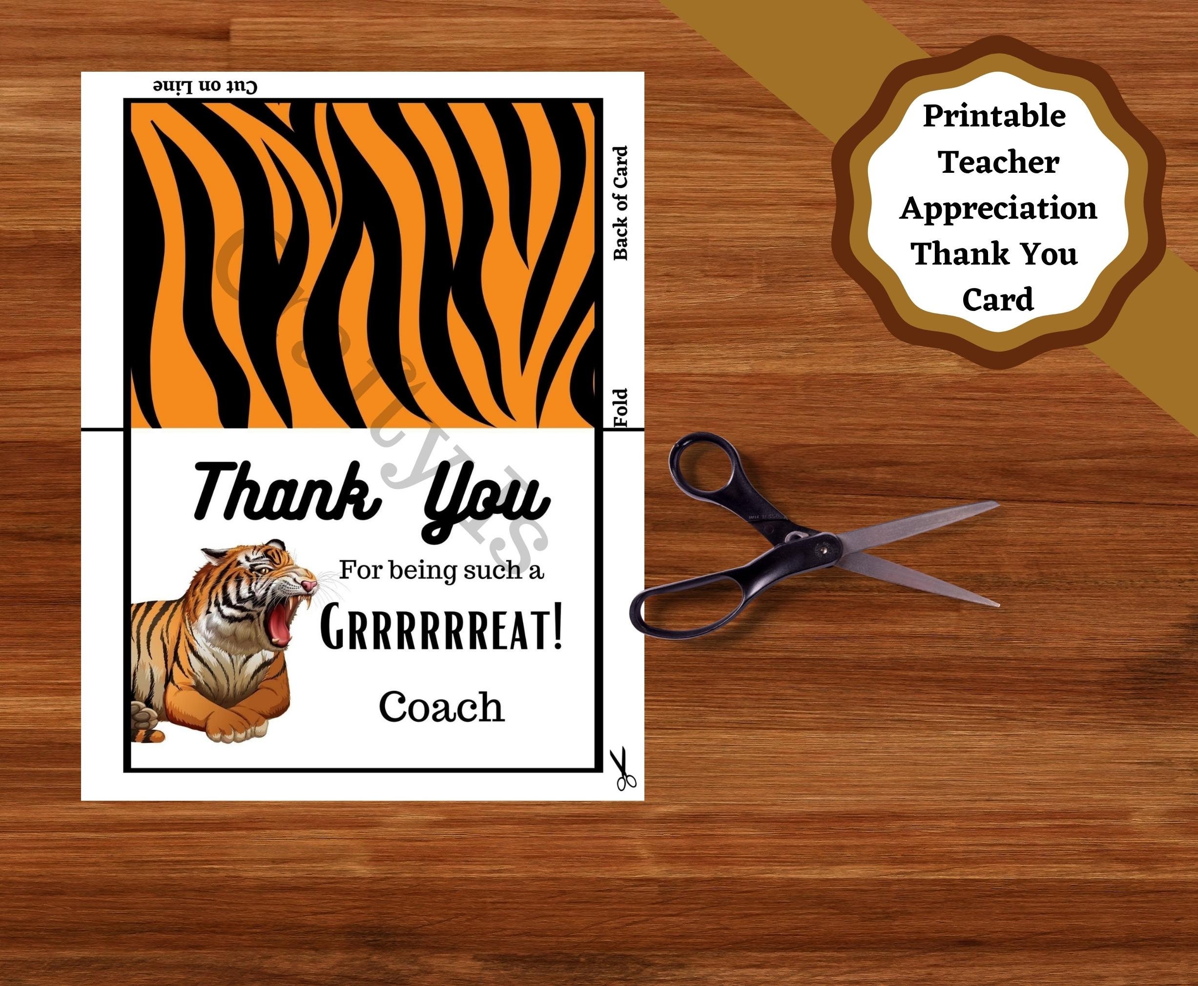 Printable Roaring Tiger Themed Thank You Card for Coach, Card for Coach ...