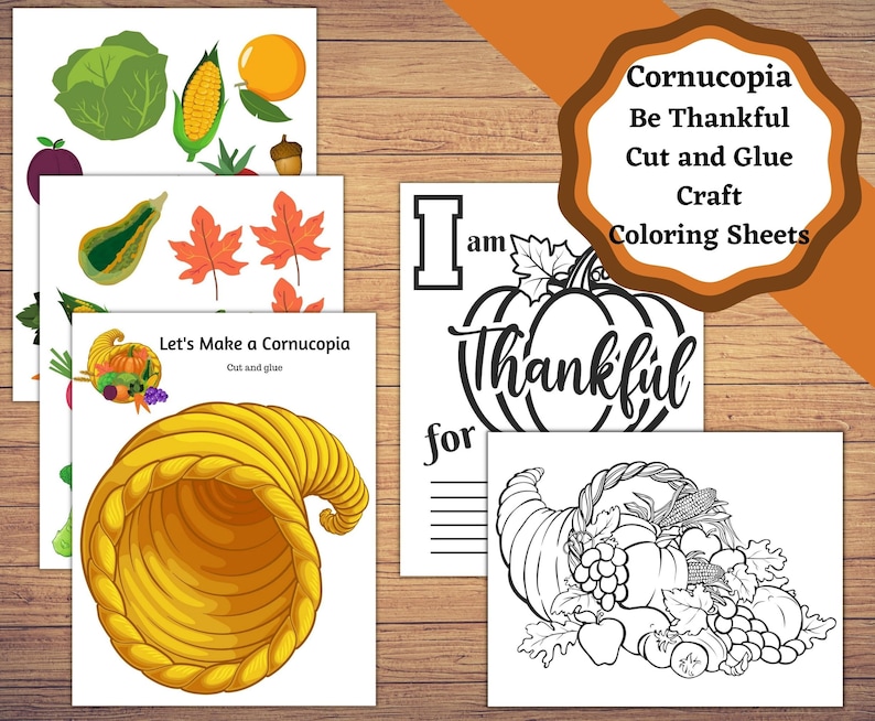 Printable Cut and Glue Cornucopia Craft With Be Thankful Coloring ...