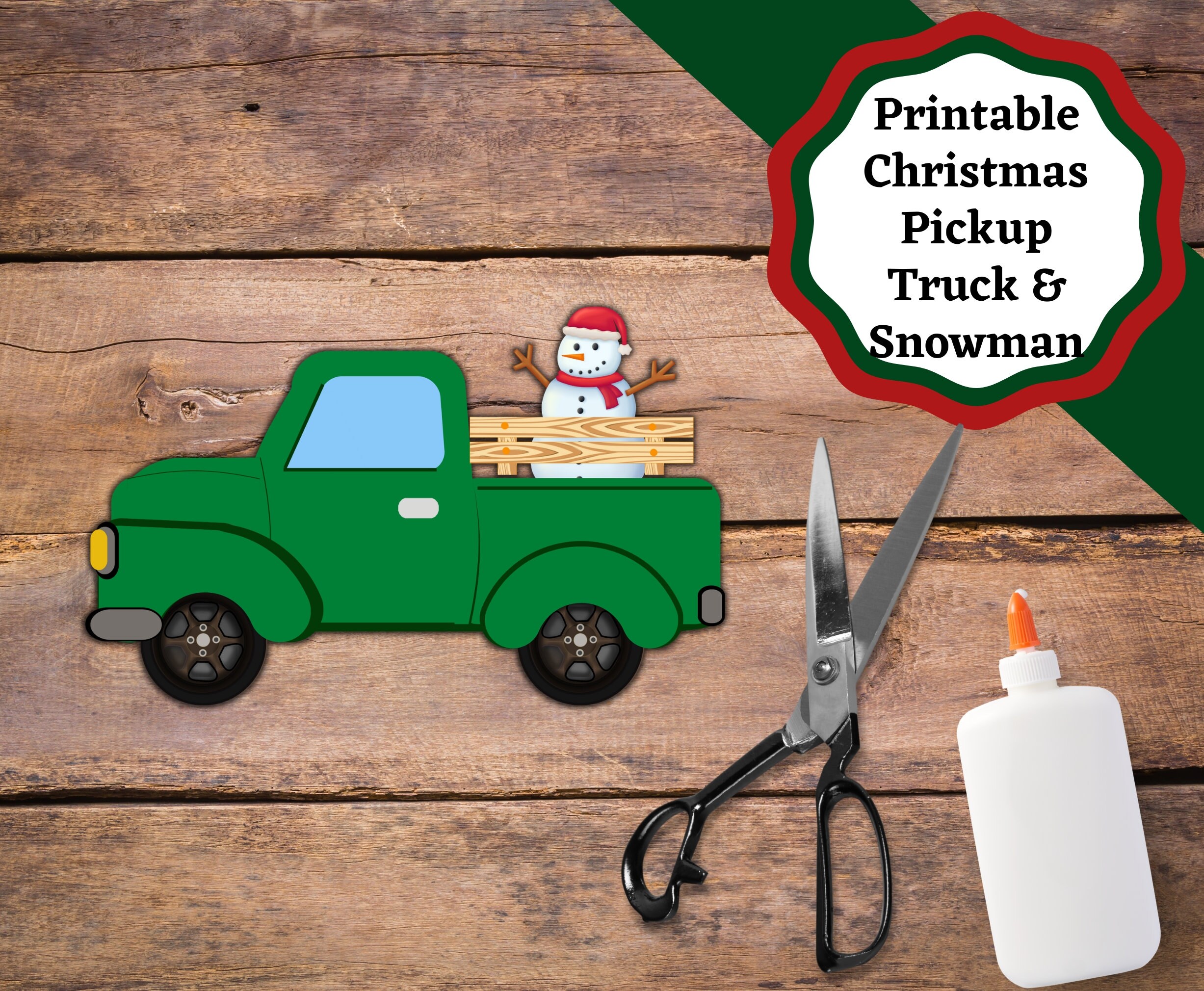 Printable Green Truck With Snowman Craft and Decoration, Christmas ...