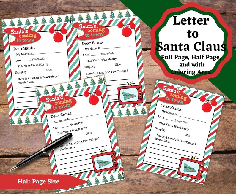 Printable Letter or Wish List to Santa Claus, Full Page, Half Page, and ...