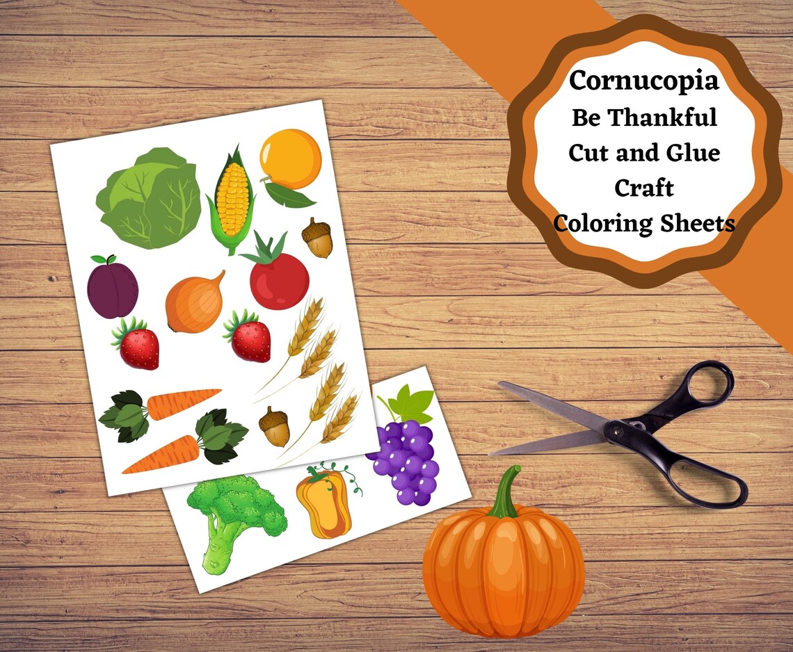 Printable Cut and Glue Cornucopia Craft With Be Thankful Coloring ...