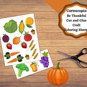 Printable Cut and Glue Cornucopia Craft With Be Thankful Coloring ...