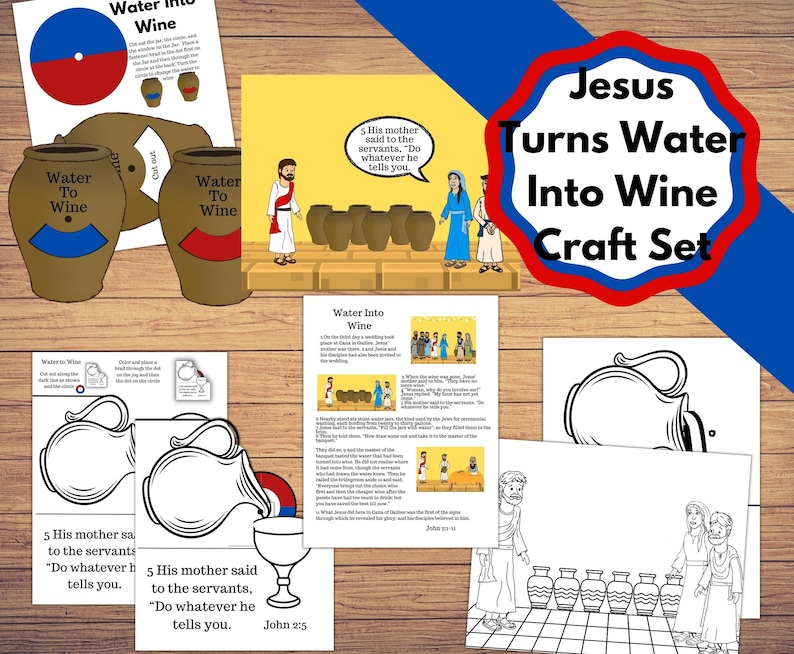 Printable Pitcher Pouring Jesus Into Wine Coloring Craft Set, Colorable ...