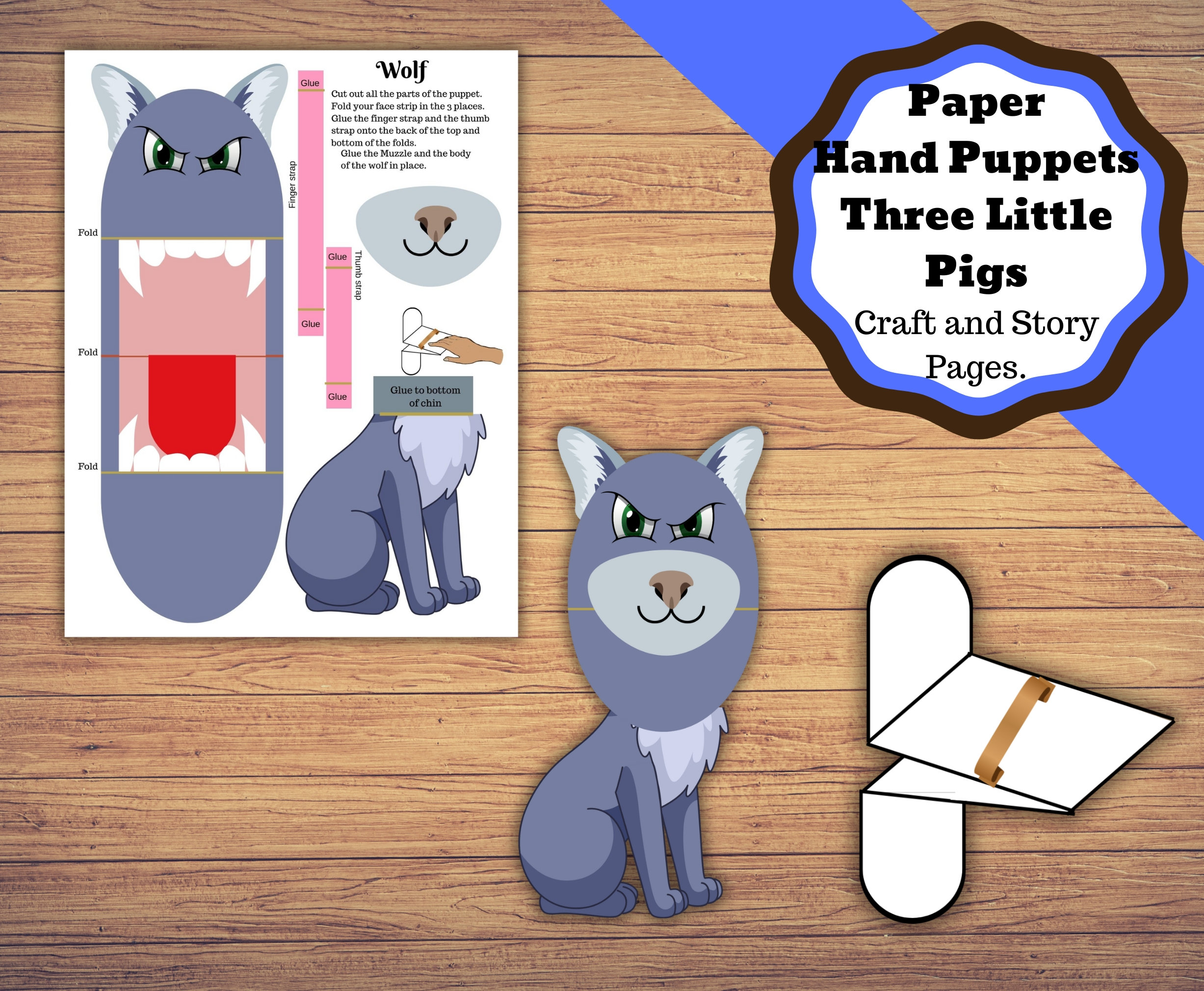 Printable Three Little Pigs and the Wolf, Hand Puppets With Three Pages ...