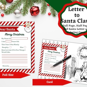 Printable Letter or Wish List to Santa Claus, Full Page, Half Page, and ...