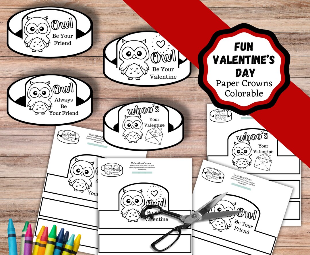 Printable Owl Themed Colorable Valentine's Day Paper Crowns. Printable ...