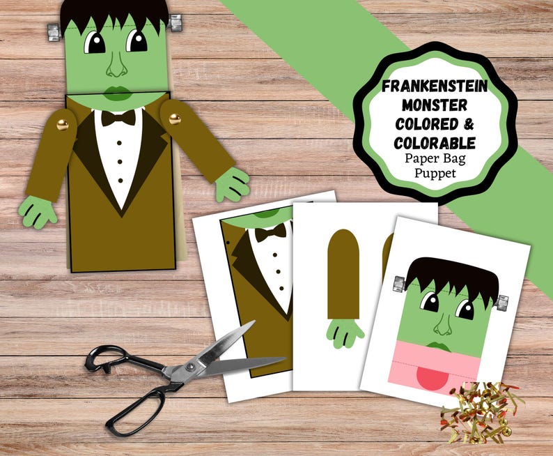 Frankenstein's Monster Paper Puppet Kids Craft. Colored and Colorable ...