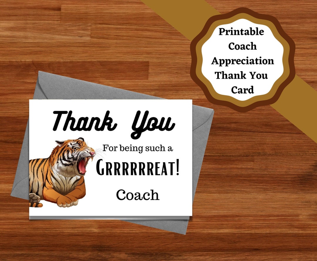 Printable Roaring Tiger Themed Thank You Card for Coach, Card for Coach ...