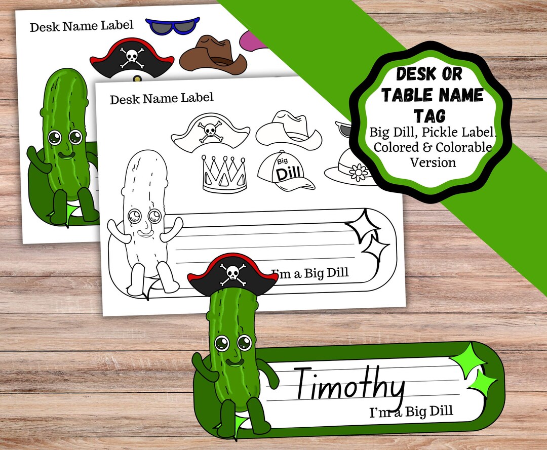 Printable Pickle Desk Name Tag, Colored and Colorable Desk Top Label or ...