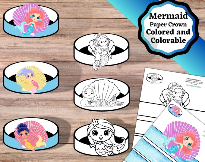 Mermaid Paper Crown Coloring Printable Kids Craft Mermaid Birthday ...