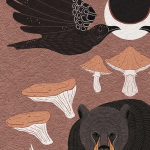 Bear, Crows, and Mushroom Botanical Art Print Nature Lover's Crescent ...
