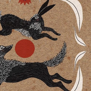 Wolf Chasing Rabbit and Blood Moon Folk Art Nature Print - Cottagecore ...