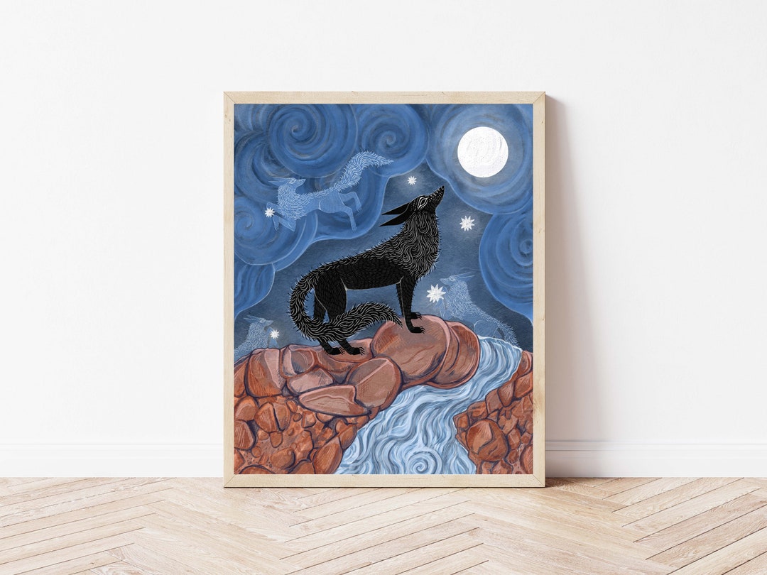 Celestial Spirit Wolves and Moon Folk Art Nature Print - Cottagecore ...
