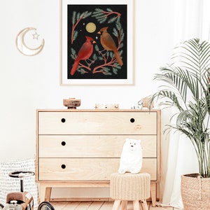 Cardinals and Pine Folk Art Nature Print - Colorful Birds and Moon ...