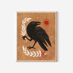 Folk Art Raven and Rowan Berry Nature Print - Bird Print - Witchy ...