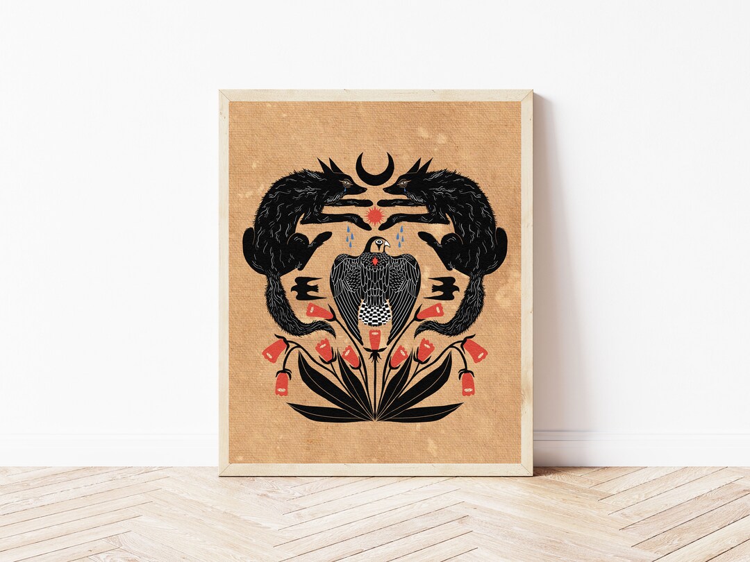 Wolf and Falcon Folk Art Nature Print - Cottagecore Animal Wall Décor ...