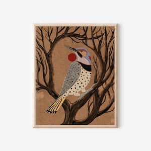 Northern Flicker Bird Art Print - Folk Art Bird and Nature Illustration ...