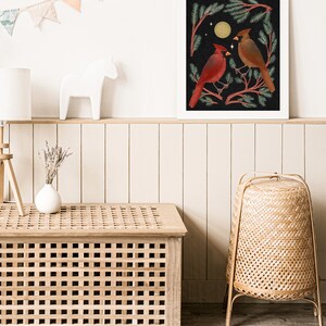 Cardinals and Pine Folk Art Nature Print - Colorful Birds and Moon ...