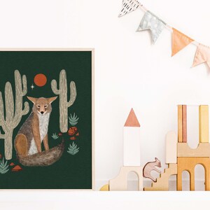 Coyote, Moon, and Star Nature Art Print - Cactus and Desert Nighttime ...