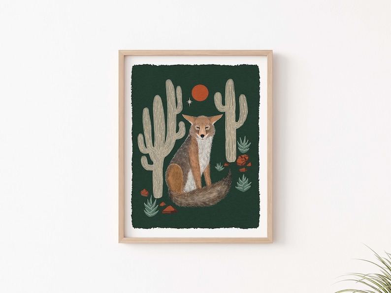 Coyote, Moon, and Star Nature Art Print - Cactus and Desert Nighttime ...