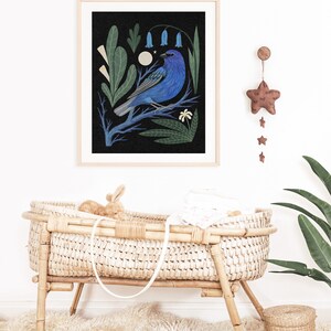 Indigo Bunting and Moon Folk Art Nature Print - Boho Bird Wall Décor ...