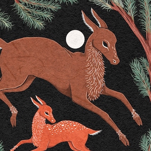 Folk Art Doe and Fawn Nature Print Illustration - Deer and Pine ...