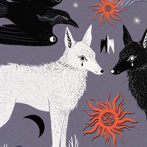 Wolves and Crows Folk Art Nature Print - Coyote Desert Illustration ...