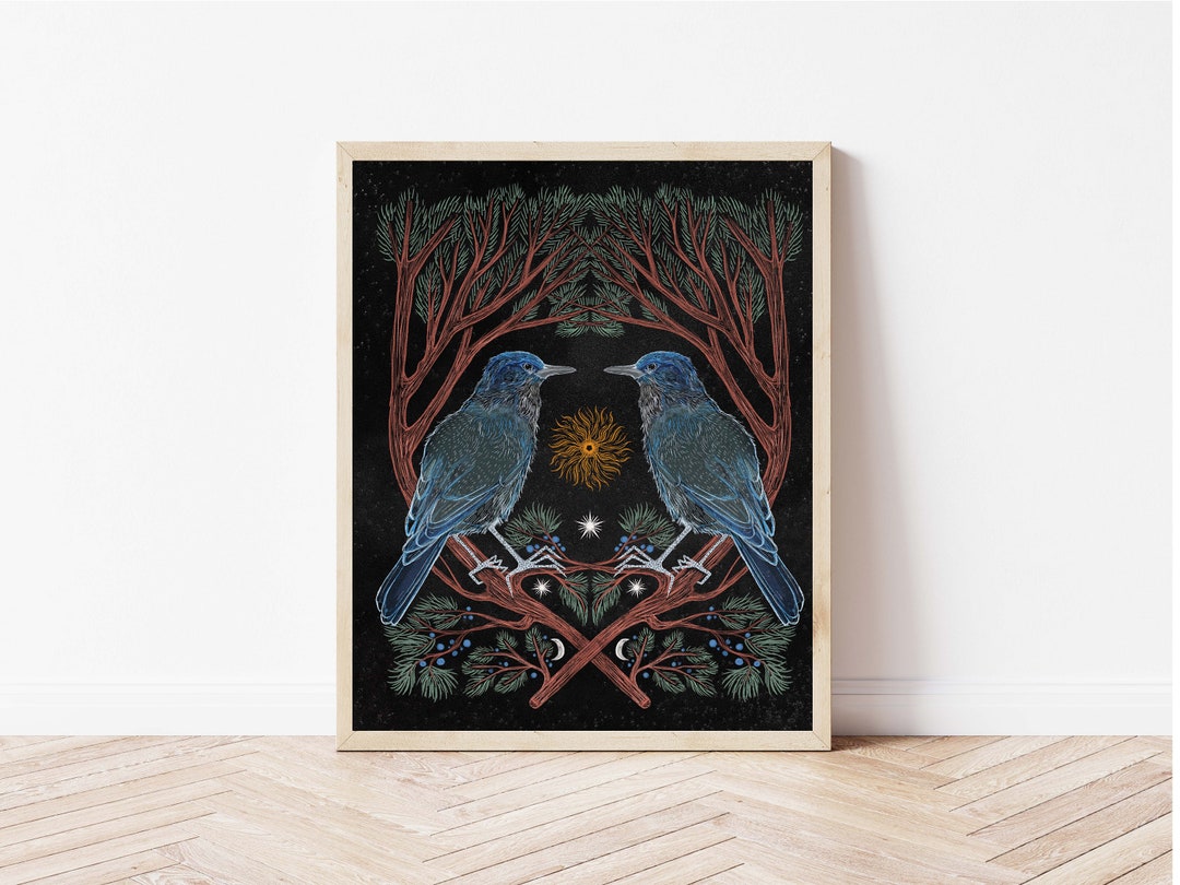 Pinyon Jay and Juniper Folk Art Nature Print Celestial Decor Solstice ...