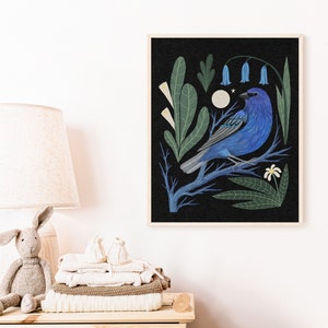 Indigo Bunting and Moon Folk Art Nature Print - Boho Bird Wall Décor ...