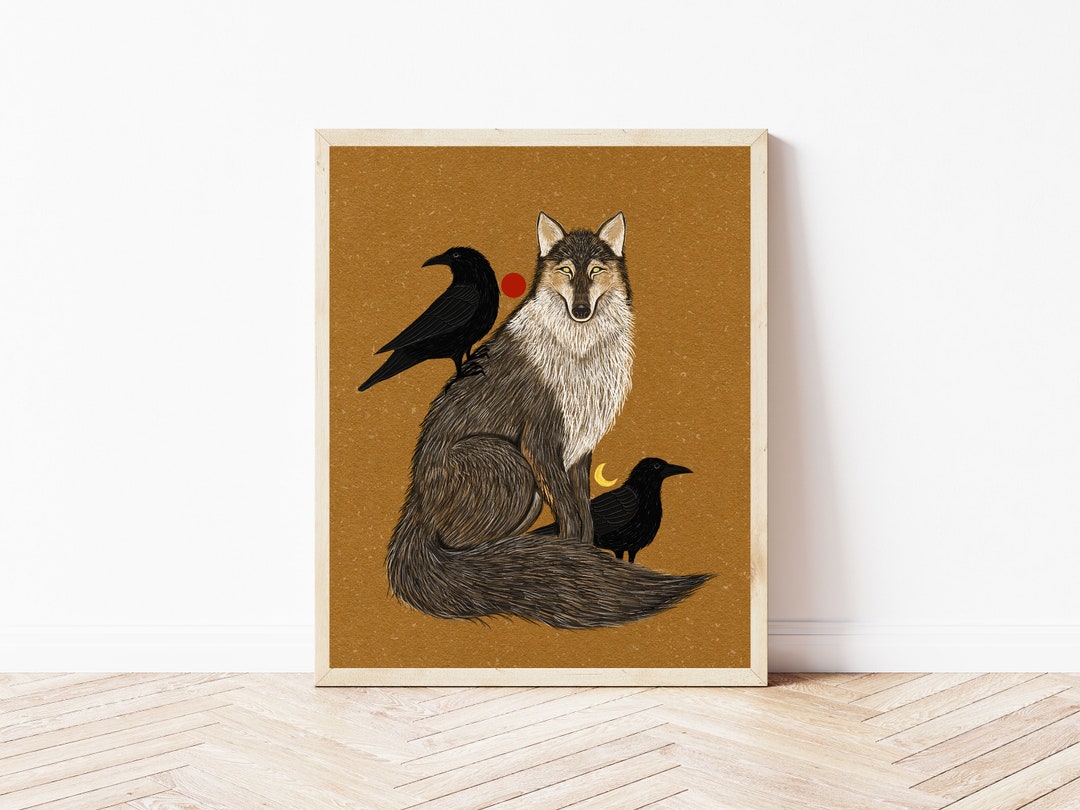 Wolf and Crow Folk Art Nature Print - Coyote Art Wall Décor - Woodland ...