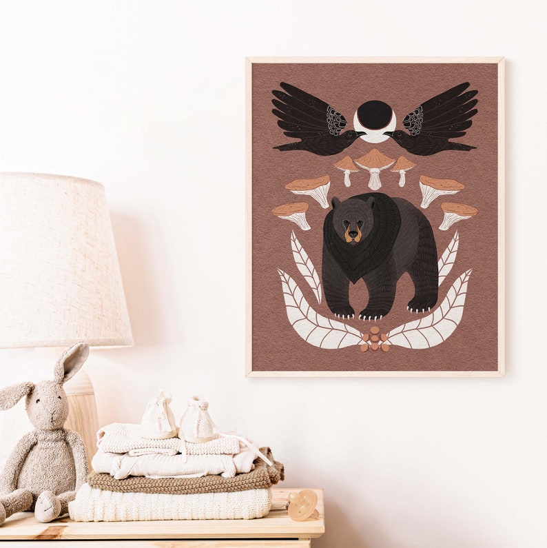 Bear Crows and Mushroom Botanical Art Print Nature - Etsy