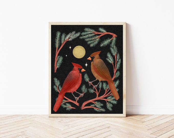 Cardinals and Pine Folk Art Nature Print - Colorful Birds and Moon ...
