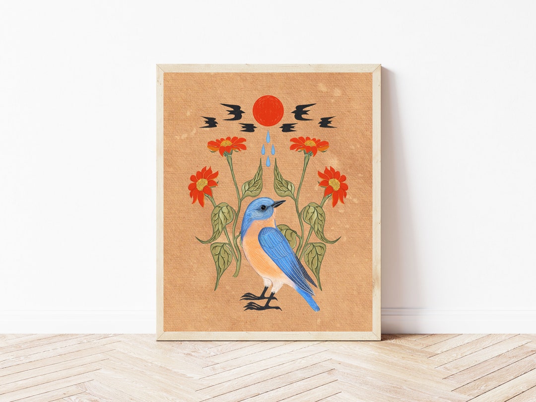 Sunset Bluebird and Sunflowers Illustration, Bird and Botanical Folk ...