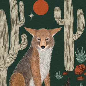 Coyote, Moon, and Star Nature Art Print - Cactus and Desert Nighttime ...
