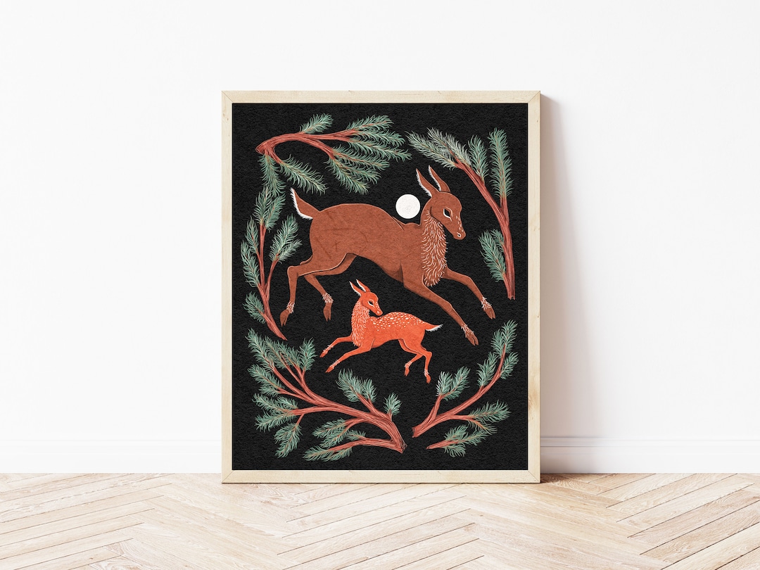 Folk Art Doe and Fawn Nature Print Illustration - Deer and Pine ...
