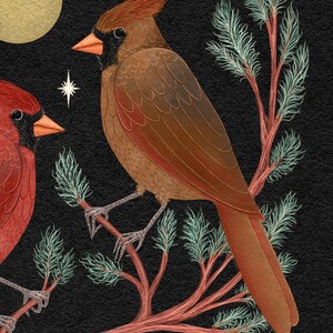 Cardinals and Pine Folk Art Nature Print - Colorful Birds and Moon ...