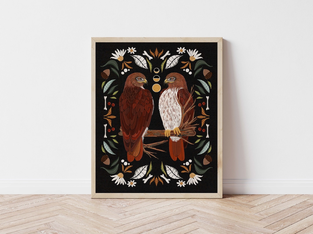 Red Tailed Hawks and Moon Phase Folk Art Print - Birds of Prey and ...