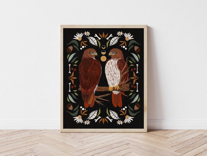 Red Tailed Hawks and Moon Phase Folk Art Print Birds of Prey - Etsy